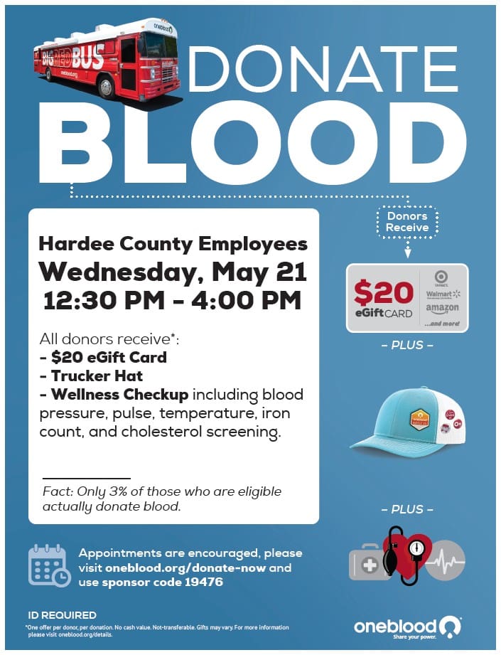 OneBlood Blood Drive | Hardee County Board of County Commissioners